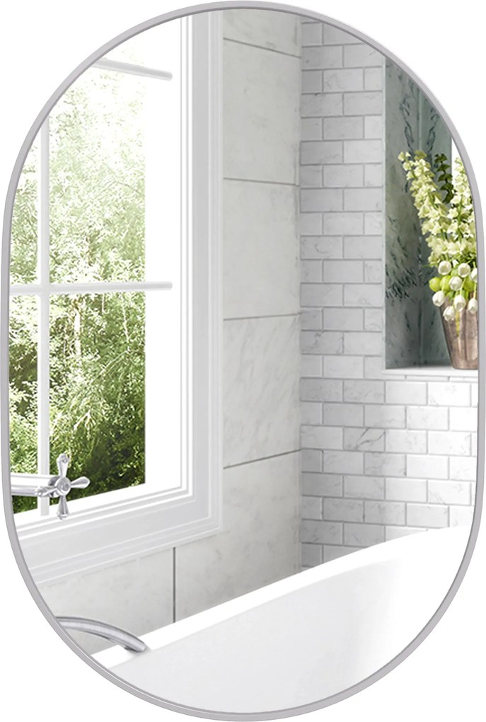 HOMCOM Oválné Zrcadlo do Koupelny 60x90 cm se Stříbrným Hliníkovým Rámem - Dekorativní Zrcadlo na Zeď Horizontální nebo Vertikální pro Obývací Pokoj,