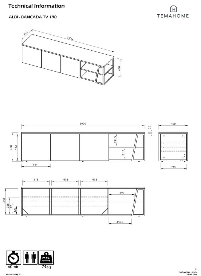 Černý TV stolek v dekoru ořechu 190x45 cm Albi - TemaHome