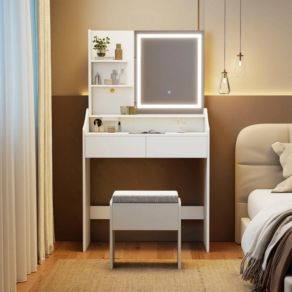 Costway Sada toaletního stolku se zrcadlem a LED osvětlením a úložným stolkem