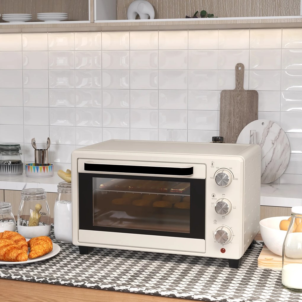 HOMCOM Mini trouba 21L Pizza Mini trouba Plech na pečení Plech na drobky 1400W Pultová trouba 1h Časovač 100-230°C Kovový krém | Aosom