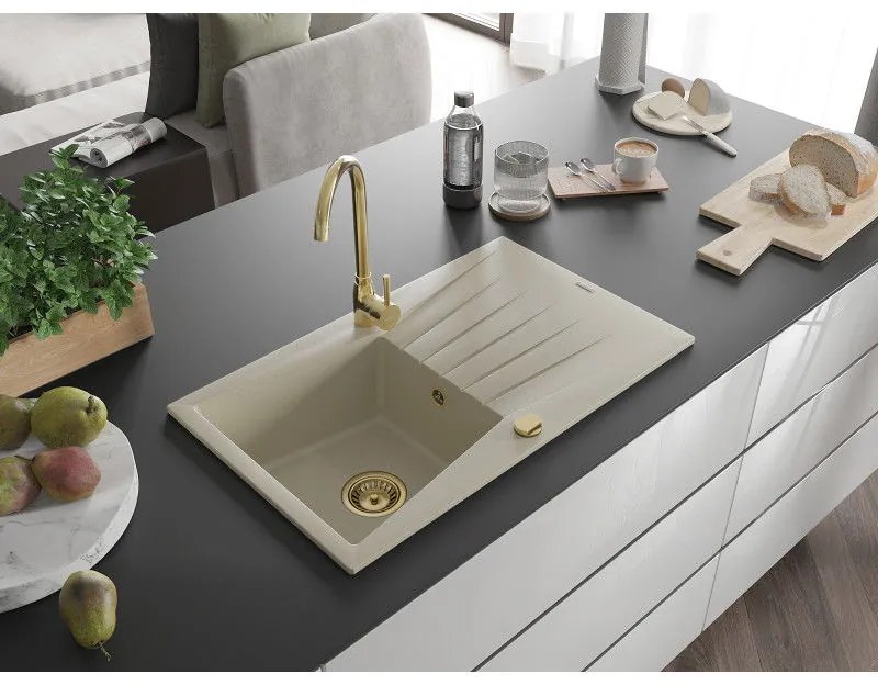 Mexen Cesar, granitový dřez 775x470x190 mm, 1-komorový, béžová se zlatým sifonem, 6514771010-69-G