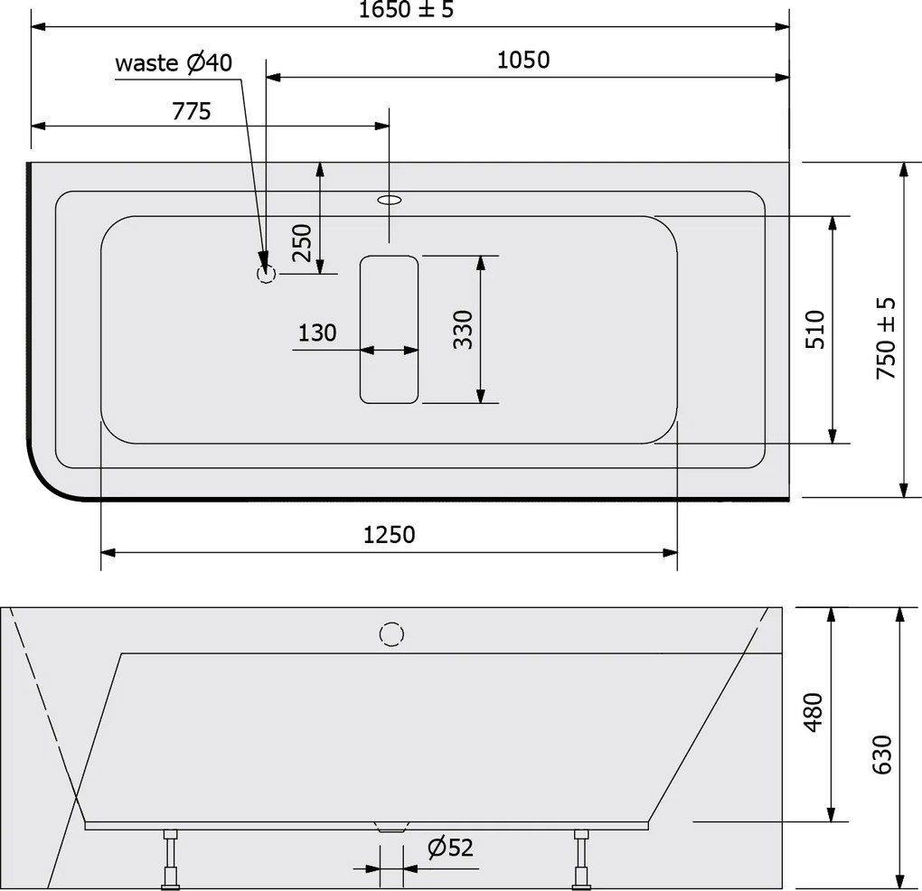 Polysan MARLENE CURVE R MONOLITH vana 165 x 75 x 63 cm obdélníková pravá 72403MCR