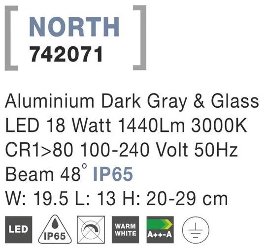 Nova Luce Venkovní reflektor NORTH hliník šedá a sklo LED 18W 3000K 48st. IP65