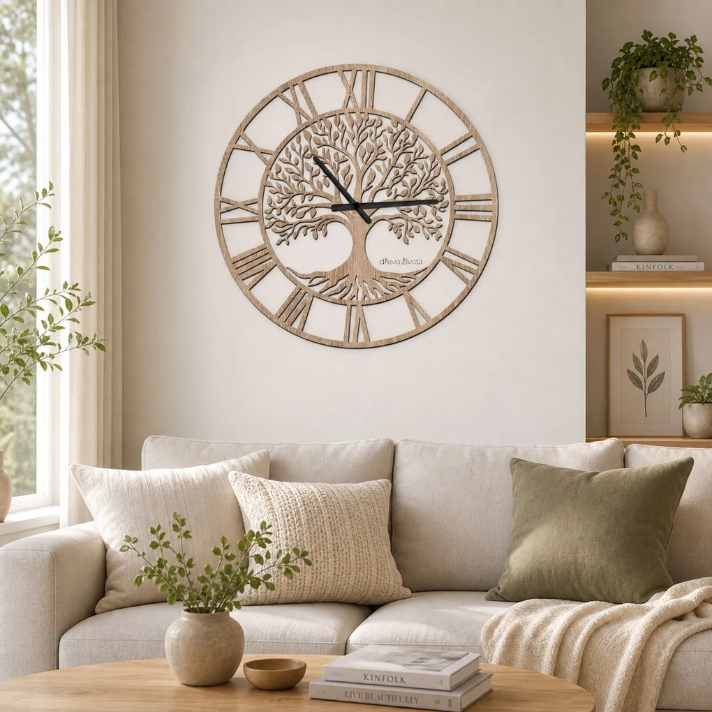 dřevo života Nástěnné hodiny STROM Zvolte barvu dekoru: Horský dub-Wenge, Zvolte velikost hodin (cm): 40x40, Barva ručiček: Černé