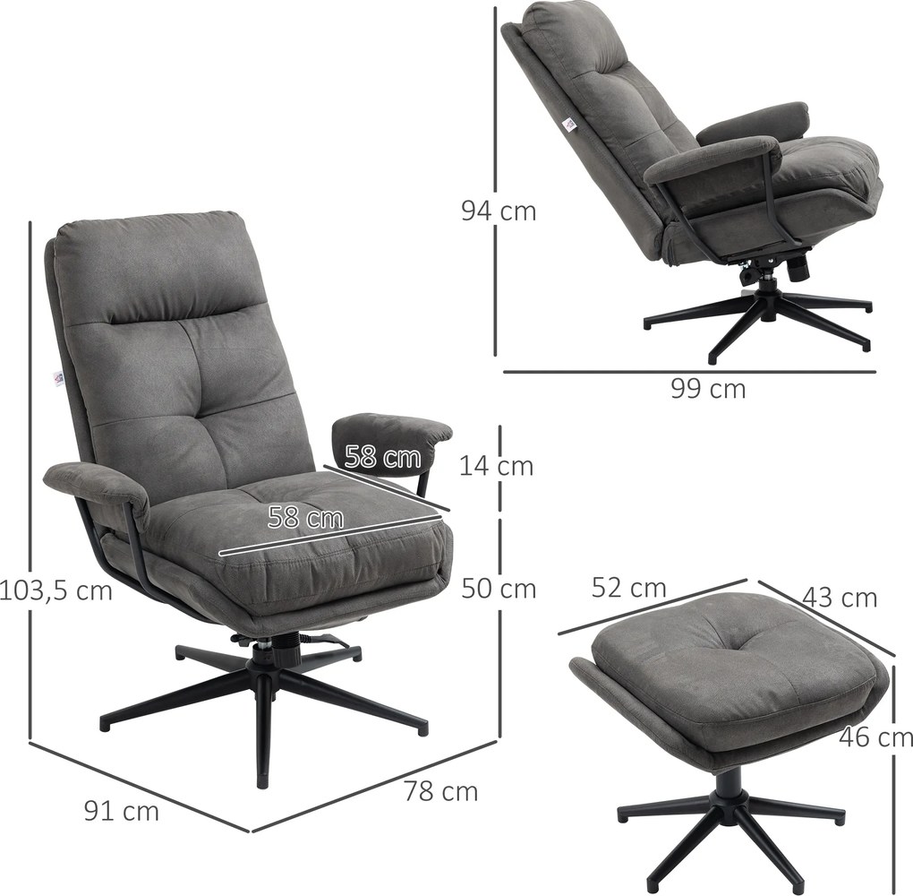 HOMCOM polohovatelné křeslo s taburetem, nosnost do 150 kg, otočná základna, TV křeslo s funkcí polohování, tmavě šedý polyester, ideální do obývacíh…