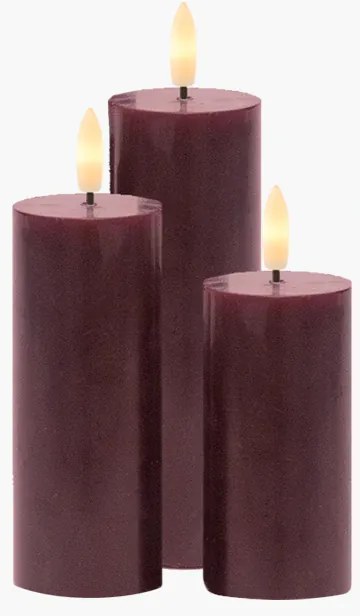 LED svíčky z pravého vosku dobíjecí Bordeaux, sada 3 ks, výška 10/12,5/15cm, ø 5 cm, vínová, bez stanice