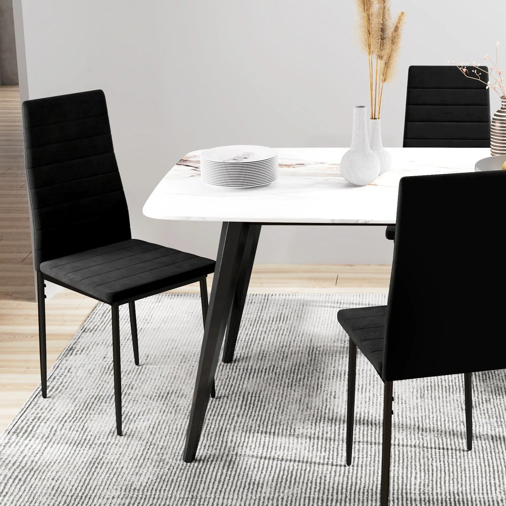 HOMCOM Sada 4 jídelních židlí, design bez opěrek, čalounění látkou, kovové nohy, černá