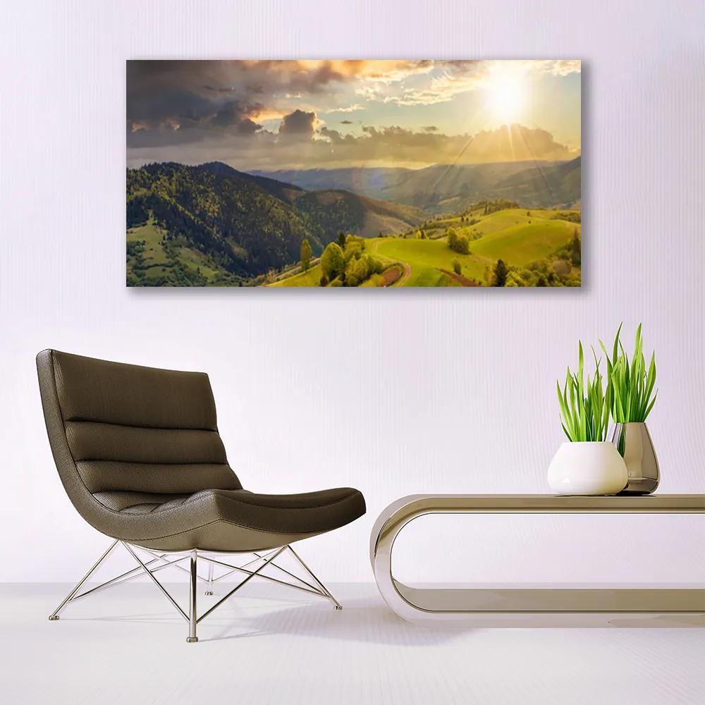 Plexisklo-obraz Hory Louka Západ Slunce 120x60 cm