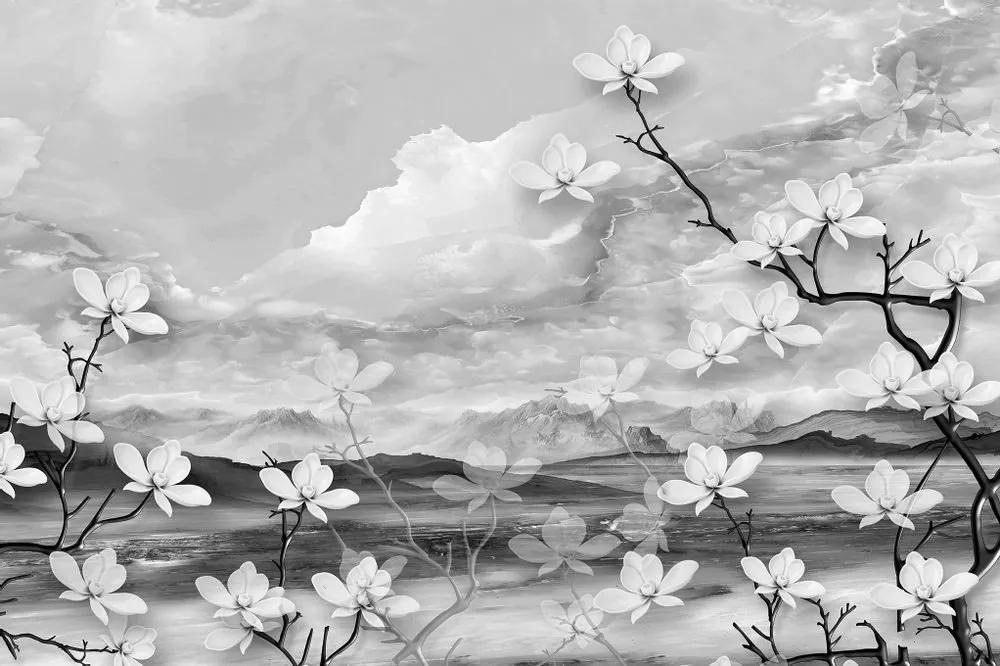 Tapeta květy v krajině v černobílém provedení - 150x100 cm