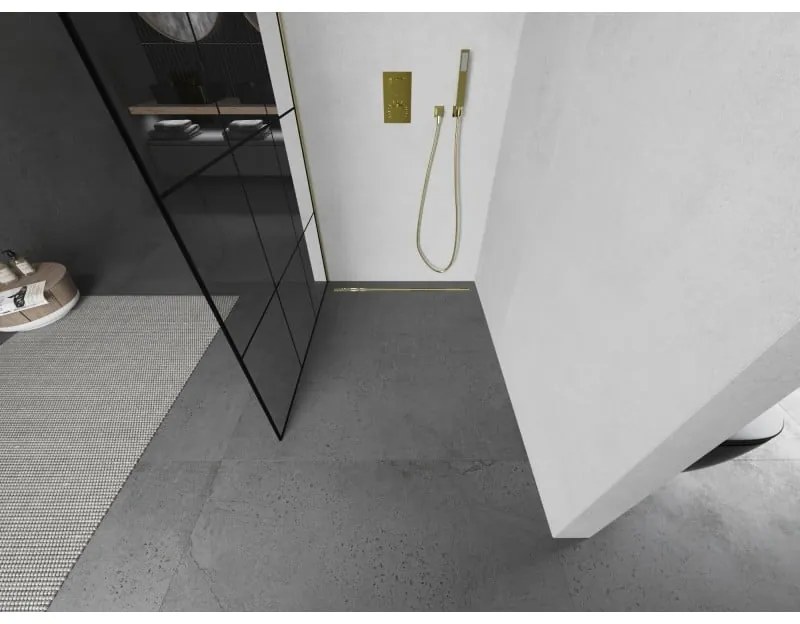 Mexen Kioto L, sprchová zástěna Walk-In 100 x 200 cm, 8mm čiré sklo černý vzor, zlatý matný profil, 800-100-103-55-77
