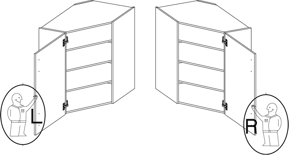 LARA wh | horní skříňka 60x60 GN-108 1F (45°) rohová | 60x60 cm | UNI dvířka | EXTRA VYSOKÁ | bílá lesk