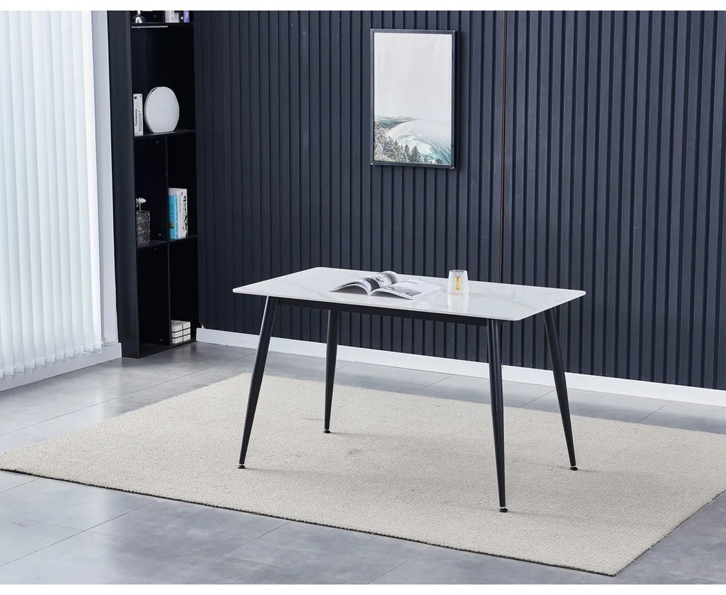 Stůl jídelní 130x70x76 cm, deska slinutý kámen v imitaci matného mramoru, černé kovové nohy
