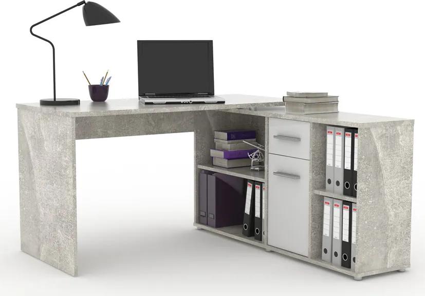 Rohový psací stůl DUKE 13, beton/bílá | BIANO