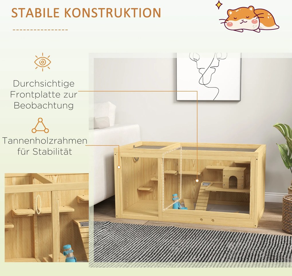 PawHut klec pro křečky dřevěná bouda pro malá zvířata, domeček pro pískomily, s houpačkami, žebříky, otevírací střechou, bouda, 100cm, přírodní