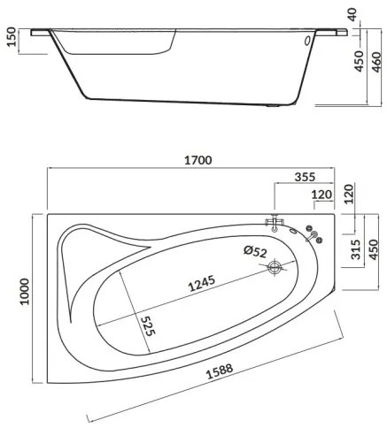 Cersanit Sicilia, asymetrická rohová vana levá 170x100cm + nožičky, bílá, S301-097