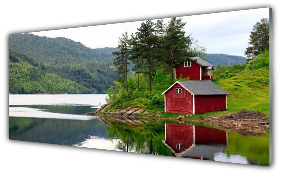 akrylový obraz Hory Dům Jezero Krajina 125x50 cm