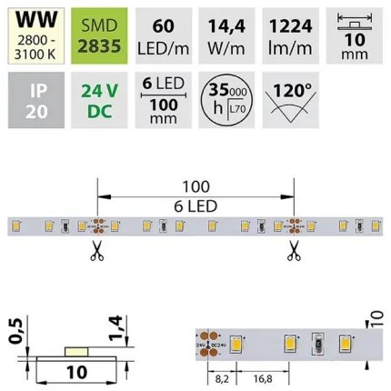 LED pásek McLED 24V teplá bílá CRI90 š=10mm IP20 14,4W/m 60LED/m SMD2835 ML-126.700.60.2