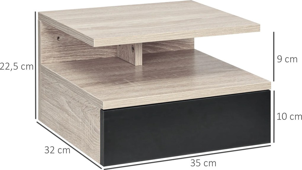 HOMCOM Sada 2 Floating Nočních Stolků Závěsných Nočních Stolků s 1 Šuplíkem a Otevřenou Policí do Ložnice 35x32x22,5 cm Dub a Černá