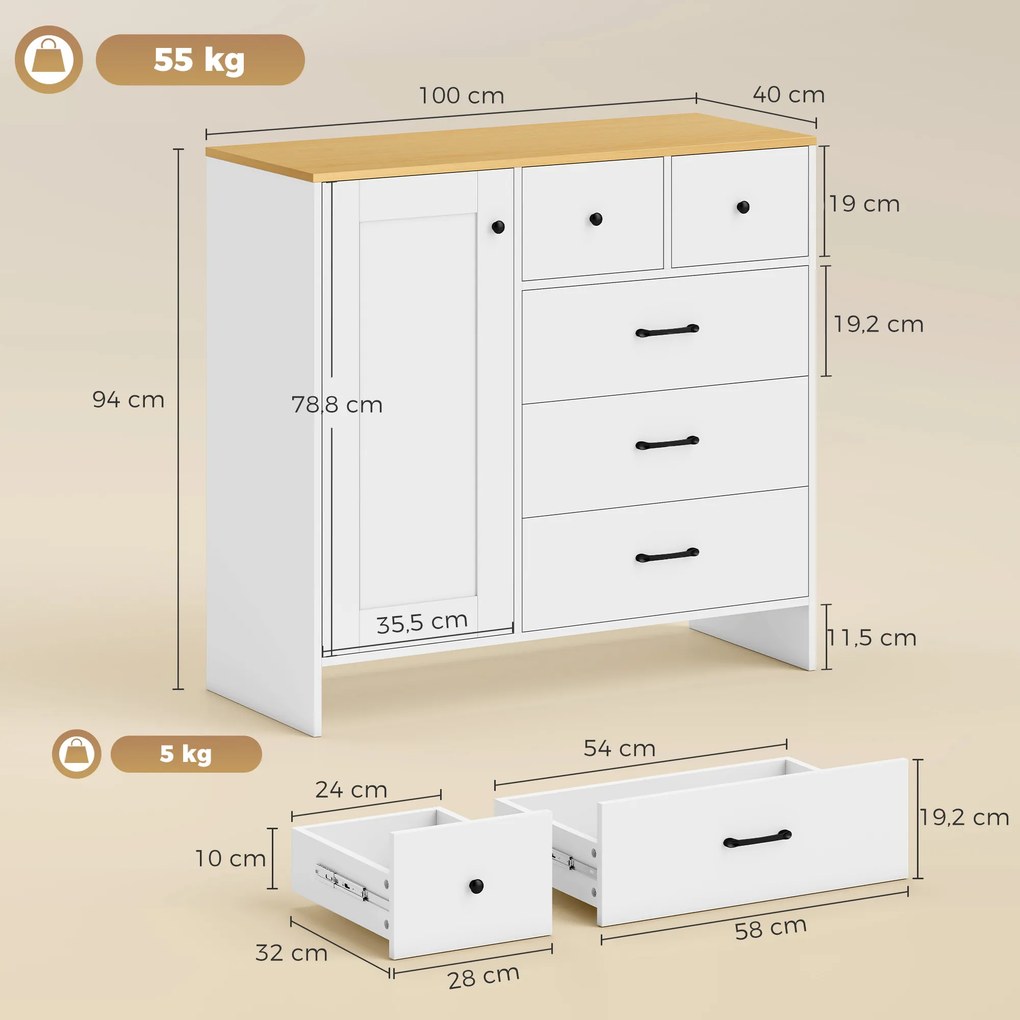 HOMCOM kuchyňský bufet, úložný nábytek s 5 zásuvkami a dvířky, rustikální styl, 100 x 40 x 94 cm, bílý