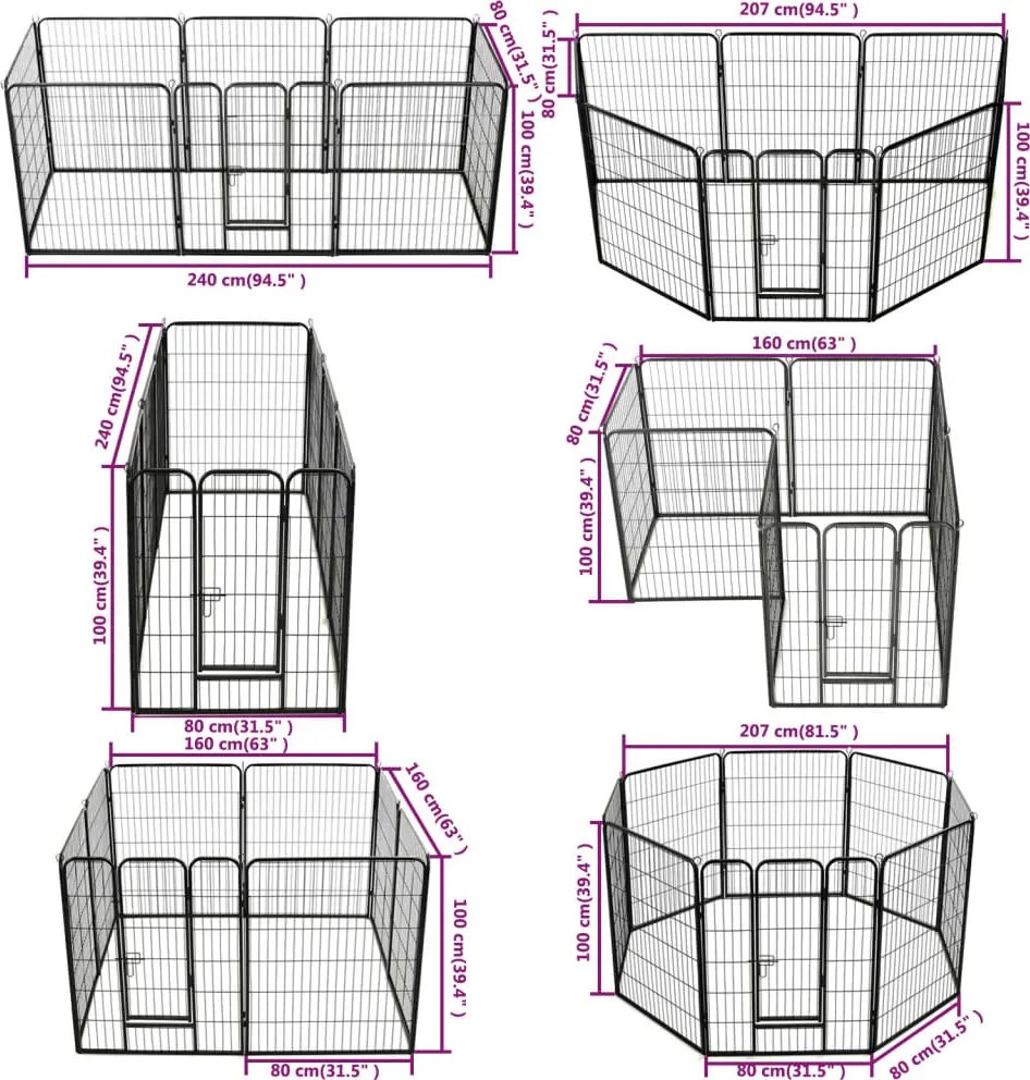 vidaXL Ohrádka pro psy 8 panelů ocelová 80 x 100 cm černá [170574]