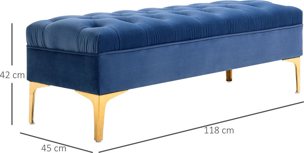 HOMCOM Lavice k posteli lavice na boty sametová modrá 118 x 45 x 42 cm se zvýšenými nohami do ložnice a předsíně | Aosom.de