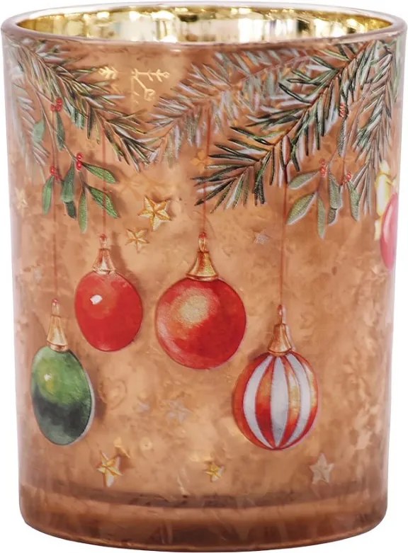 Vánoční lososový skleněný svícen s ozdobami M - Ø 10*13 cm