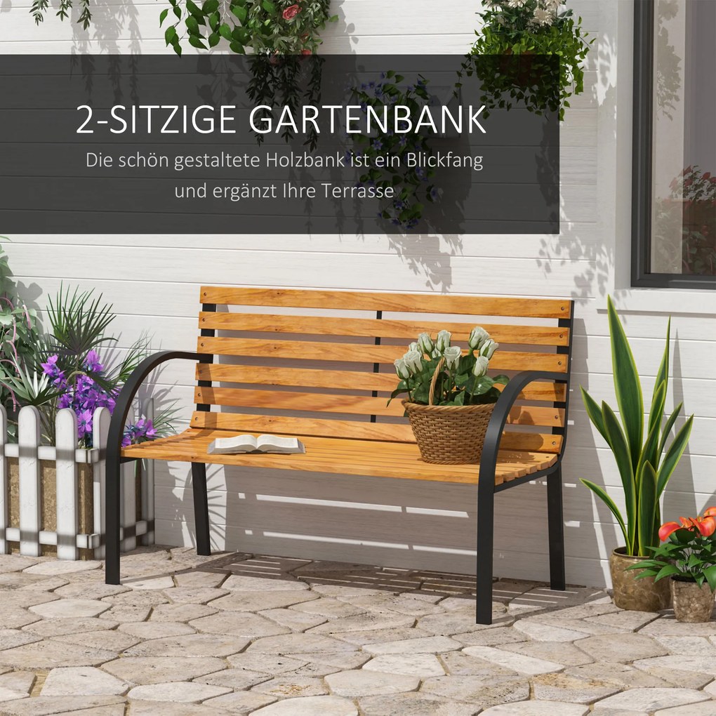 Zahradní lavička Outsunny 2místná lavička z oceli a borovicového dřeva, přírodní vzhled, Š122 x D60 x V83 cm, ideální na zahradu a terasu