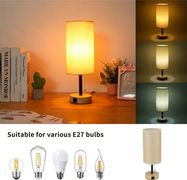 Brilagi - Stolní lampa s USB portem TABLON 1xE27/25W/230V dub/černá/béžová