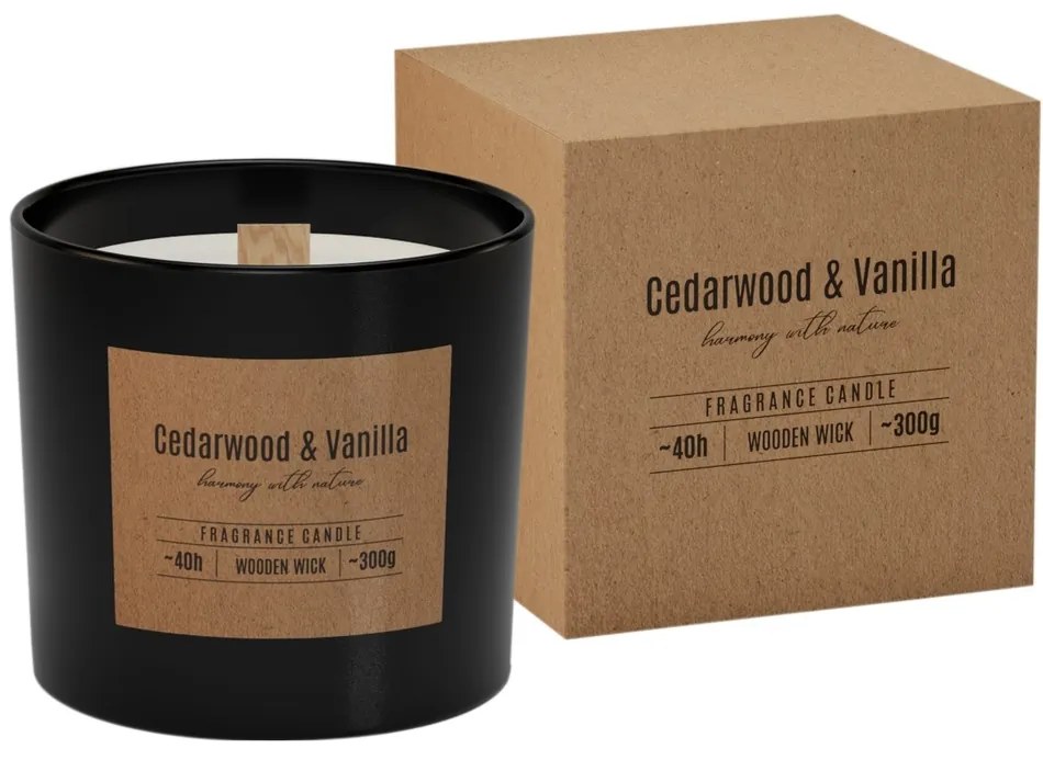 Vonná svíčka ve skle s dřevěným knotem Cedarwood & Vanilla 300g, 11 cm