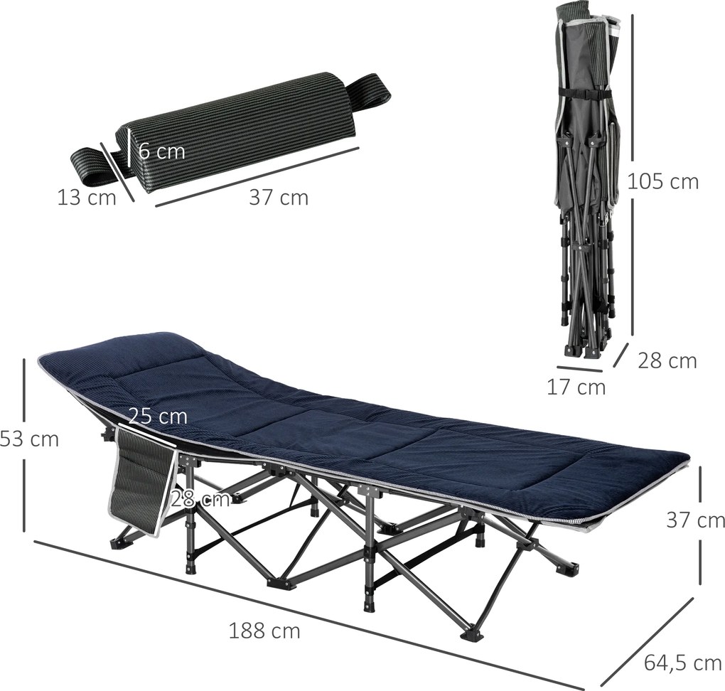 Kempingová postel, skládací kempingová postel s polštářem, 188 x 64,5 x 53 cm, tmavě modrá+šedá