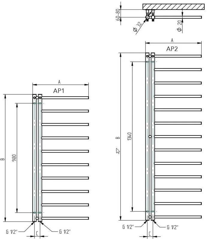 PMH Apollo L koupelnový radiátor 500 x 1140 mm černá lesk AP1B-L
