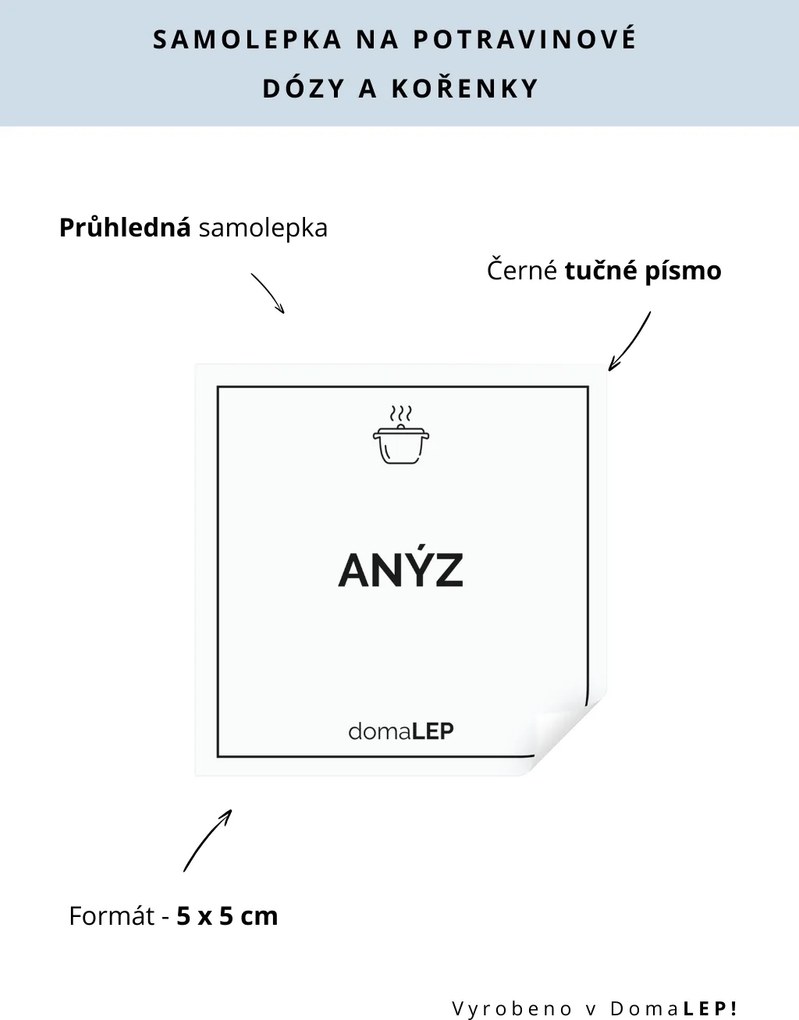 Samolepka na kořenky ANÝZ průhledná 5 × 5 cm tučné písmo