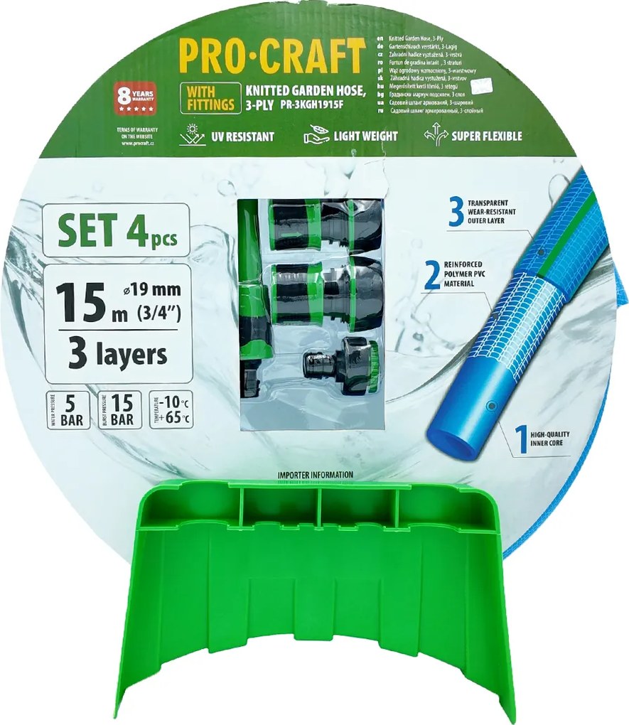 Procraft PR-3KGH1915F - modrá zahradní hadice, 3-vrstvá, 3/4", 15m, s příslušenstvím