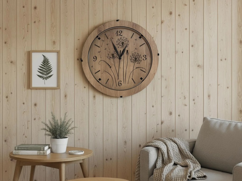 Li-Go "Pampeliška" Dřevěné hodiny dub světlý velikost svítidla/hodin: 50 cm