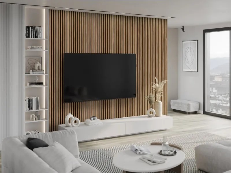 Mexen Lam-F, akustické stěnové lamely 275 × 30 cm, plstěný podklad 8 mm, technická dýha, ořech světlý, S105-275307-3015-017