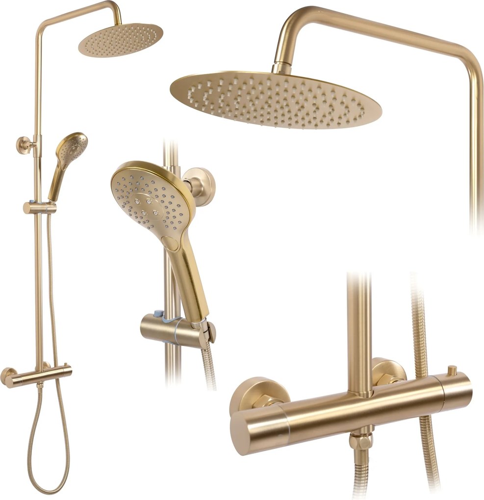 Rea Vincent, sprchový set s termostatickou baterií a dešťovou hlavicí 25cm, zlatá matná, REA-P6602