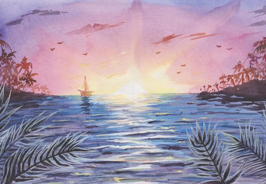 Fototapeta - Západ slunce nad vodou, aquarel (245x170 cm)