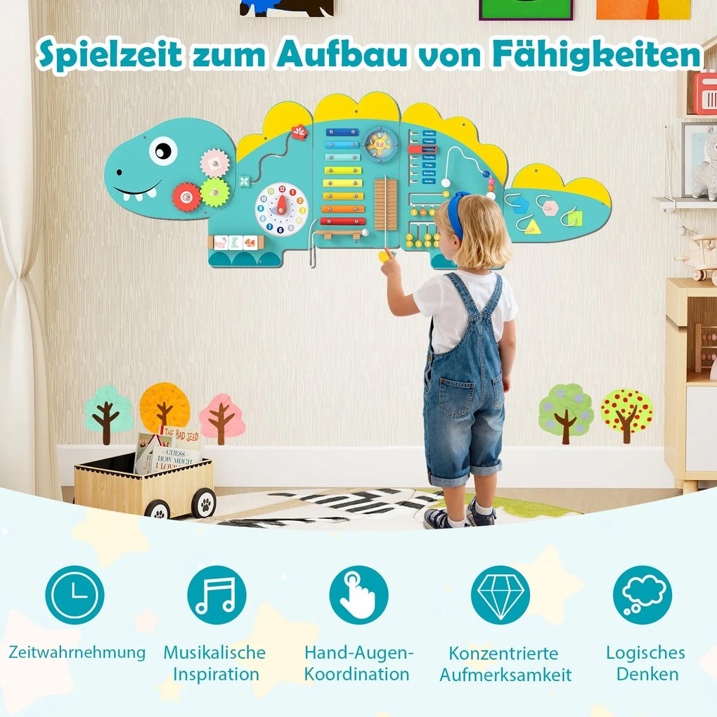 Costway Dinosaur Activity Wall pro batolata 11-in-1 Montessori dřevěná