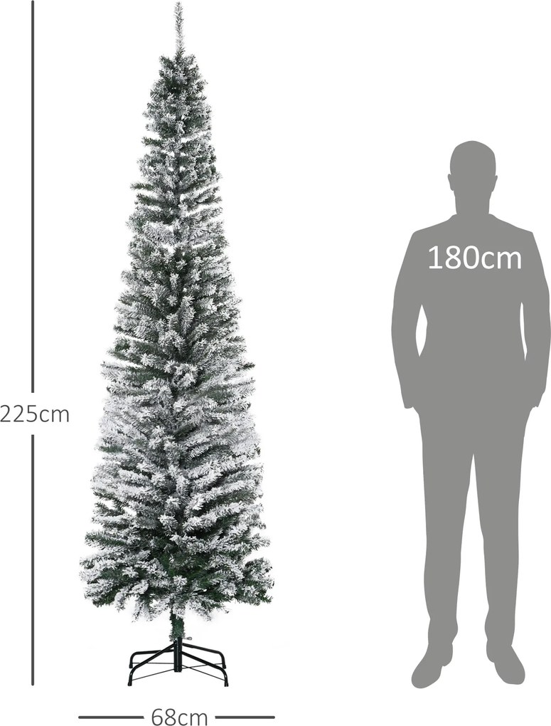 HOMCOM Umělý vánoční stromek 225 cm tužková borovice se sněhem, 738 špiček pro interiér