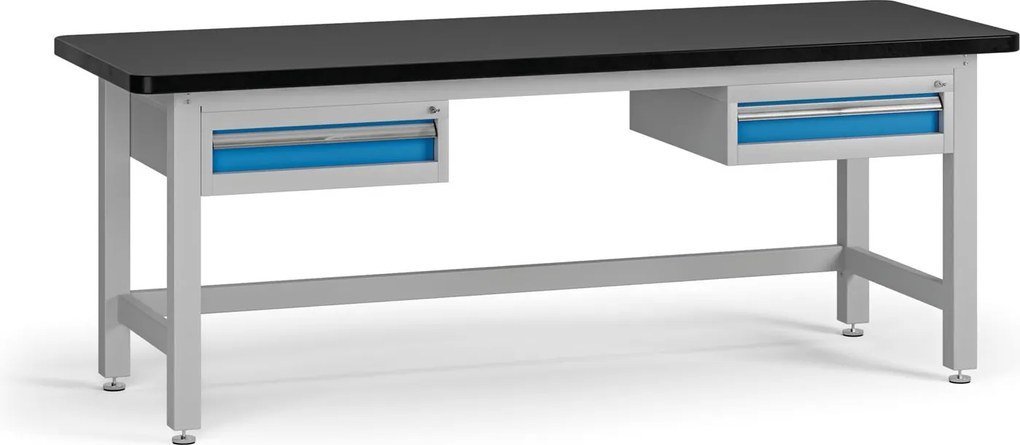 Profesionální dílenský stůl G4, 2x1 zásuvka, deska MDF + PVC, 2100 x 750 x 800 mm, modrá
