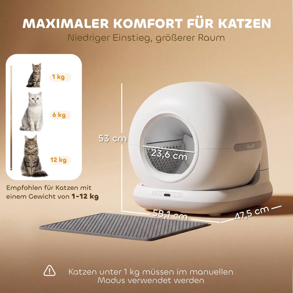 PawHut Samočisticí kočičí toaleta, XL 72L, samočisticí kočičí záchod s HD kamerou, ovládání přes aplikaci, sáčky na odpad, pro 1-12 kg