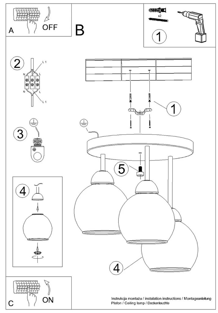 Stropní svítidlo Alino, 3x grafitové skleněné stínítko