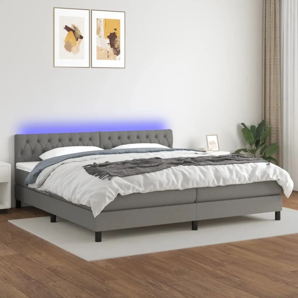 Box spring postel s matrací a LED tmavě šedá 200x200 cm textil