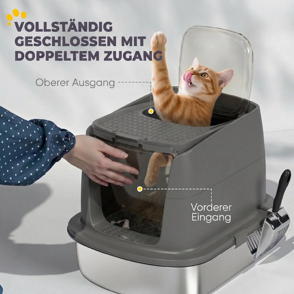 PawHut nerezová krytá kočičí toaleta s víkem — velký vrchní/přední vstup, kovová lopatka a sáček proti zápachu, odolná vůči zápachu, snadné čištění, …