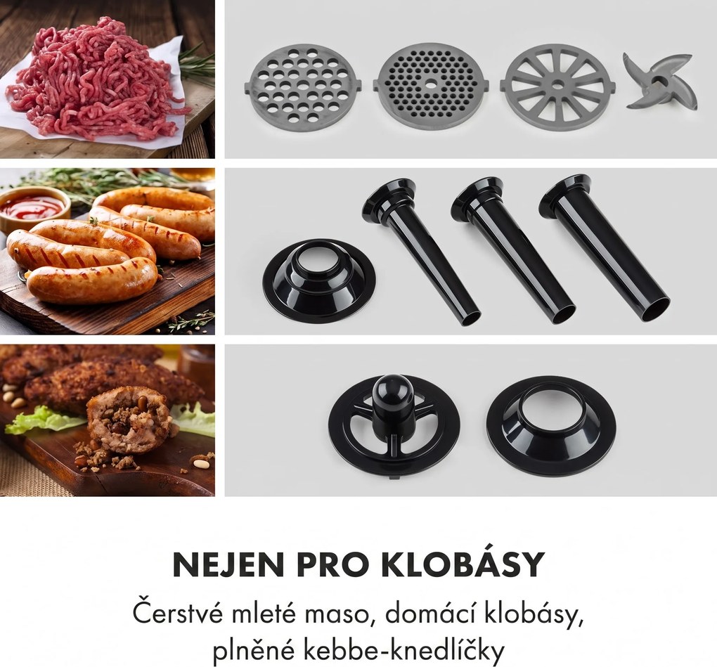 Klarstein Výkonný elektrický mlýnek na maso 700 W měděný motor, nerezový ocel, na klobásy a kebbe