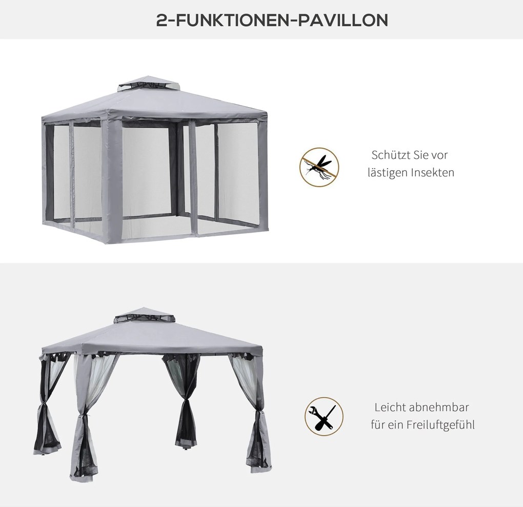 Zahradní altán Outsunny 3x3m se 4 bočními stěnami odolný proti povětrnostním vlivům z kovu a polyesteru ve světle šedé barvě pro zahradu a akce |