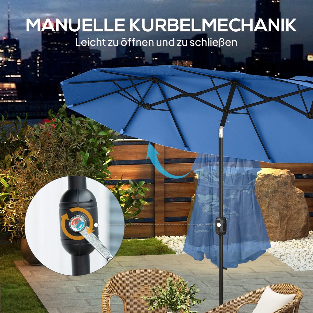 Slunečník, zahradní slunečník, sklápěcí, s ruční klikou, větrná stříška, polyester+ocel, tmavě modrá, 285 x 147 cm