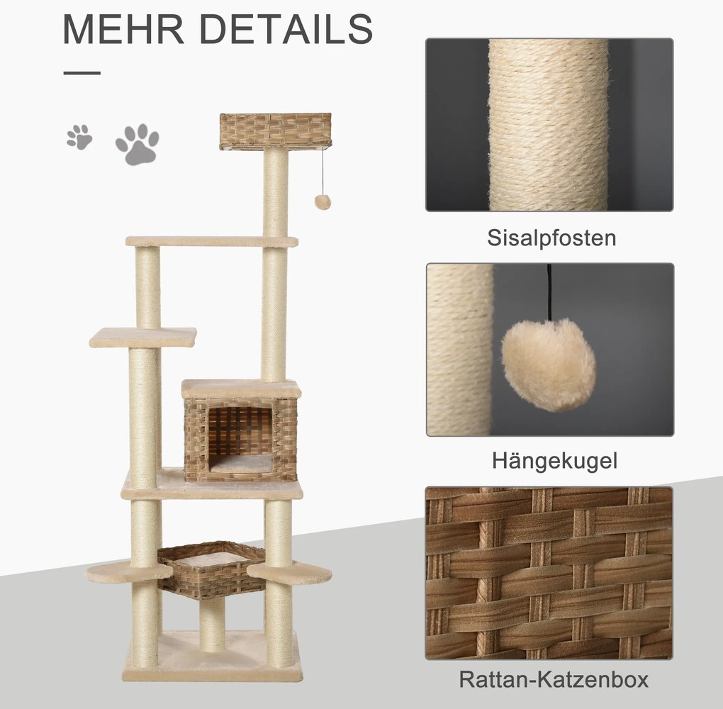 PawHut škrabadlo z ratanu, H174 cm, XXL kočičí strom s boxem, sedacími plošinami, kočičí jeskyně, sisal, béžová+hnědá