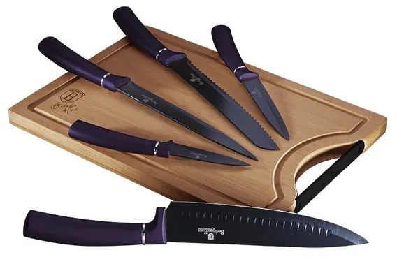 BERLINGERHAUS Sada nožů s nepřilnavým povrchem + prkénko 6 ks Purple Metallic Line BH-2683