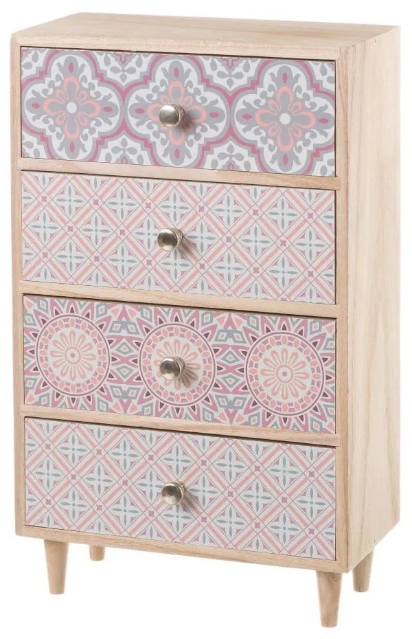 Růžová skříňka se 4 šuplíky dekorativními motivy Unimasa, výška 36,5 cm